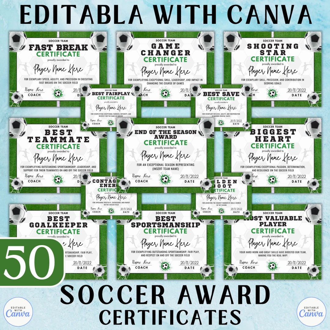 50 Editable Football Award Certificates, Canva Template, End of Season ...