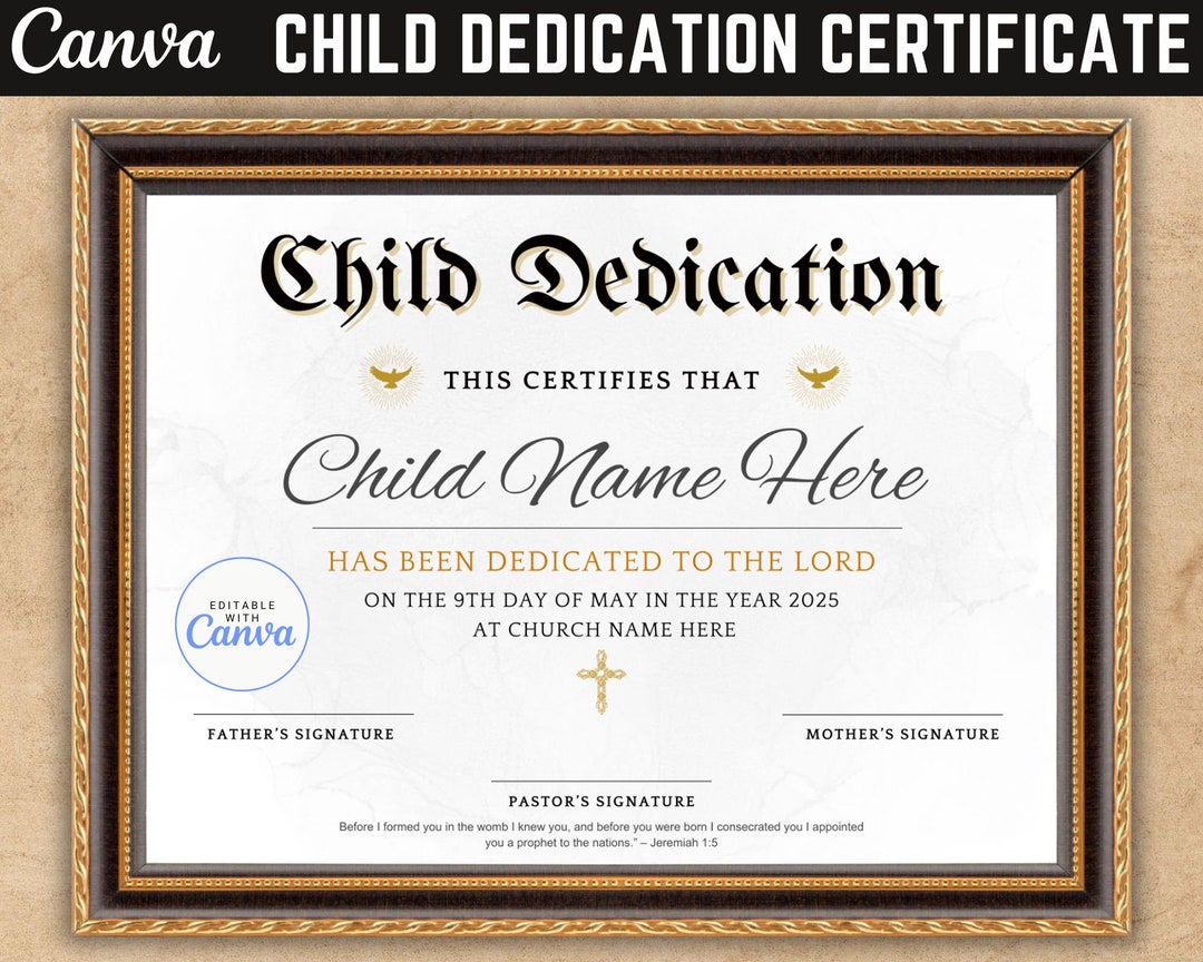 Child Dedication Certificate, Canva Baby Dedication Template, Baptism ...
