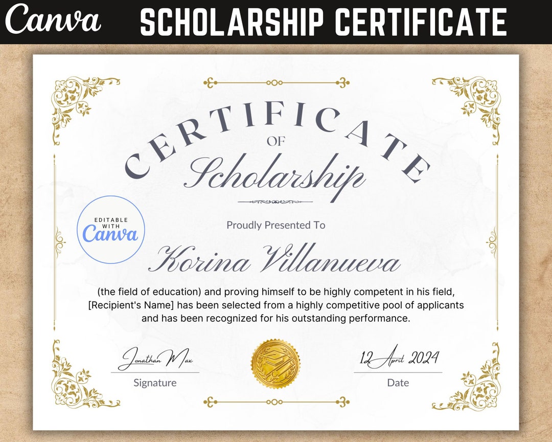 Scholarship Award Certificate, Canva Template, Editable Scholarship ...