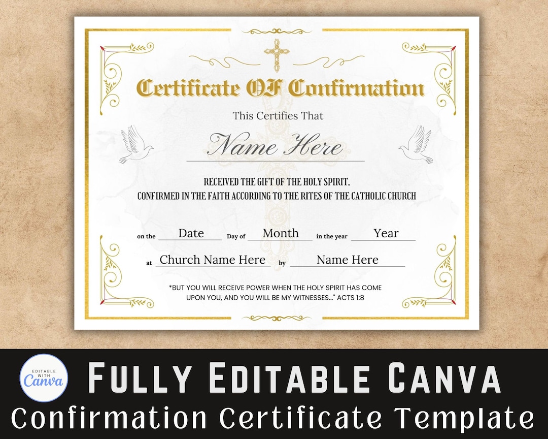 Editable Confirmation Certificate, Canva Template, Gifts for Girl and ...