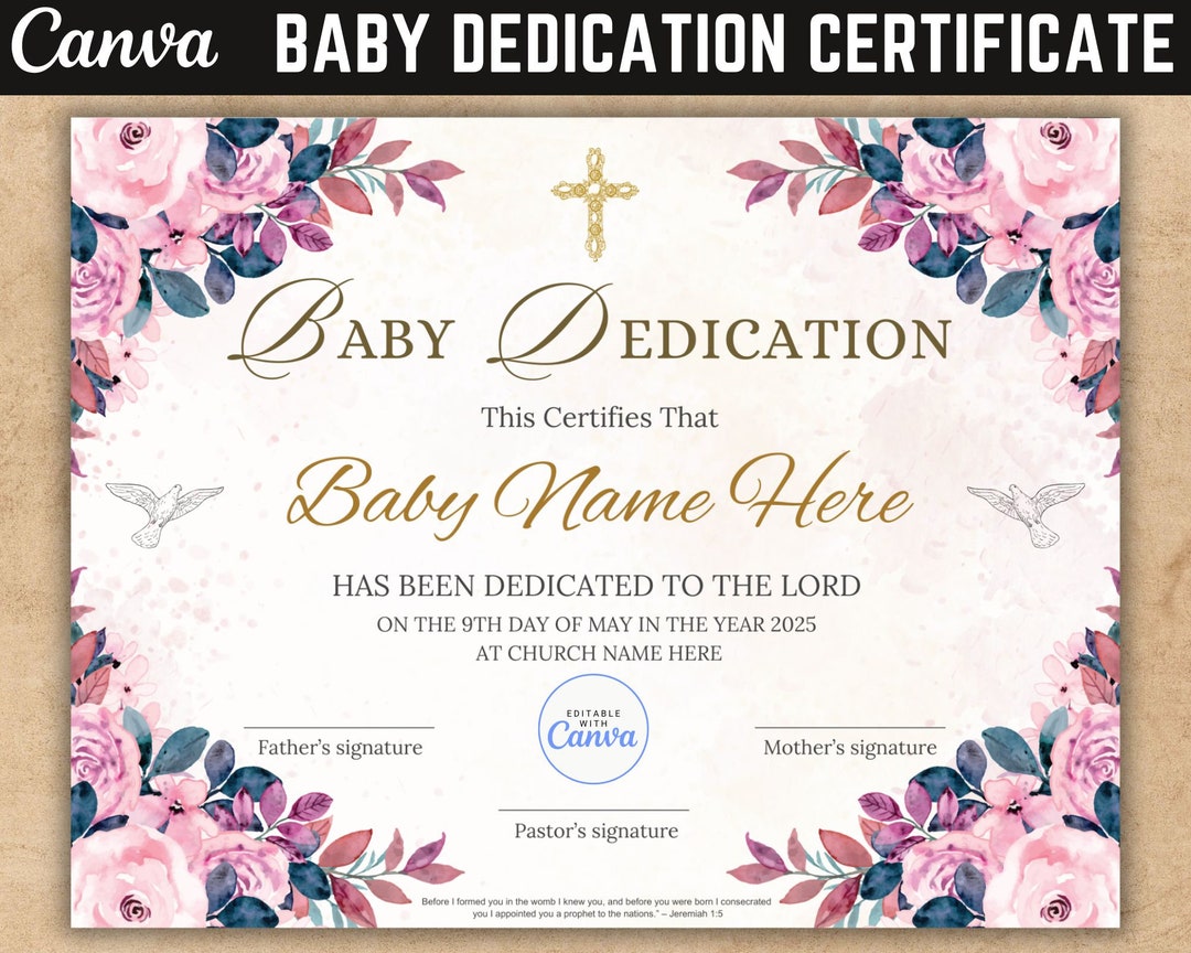 Baby Dedication Certificate, Canva Child Dedication Template, Baptism ...
