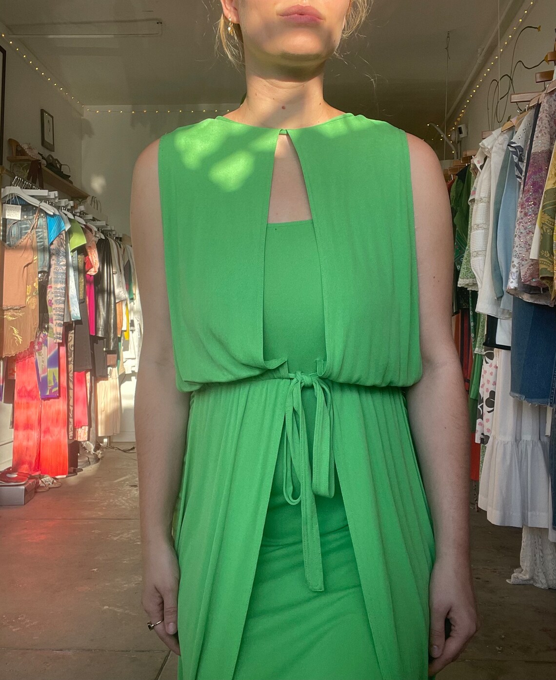 1970s Kelly Green Silk Jersey Disco Dress With Tie Waist and Back Cape ...