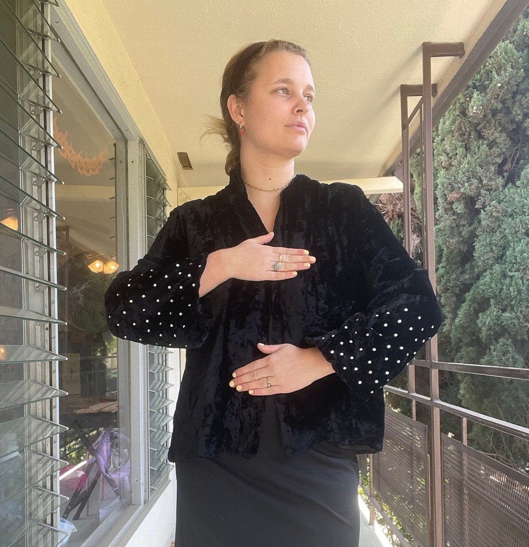1940s Silk Velvet Cropped Theatre Jacket, Puffed Shoulders, Rhinestone ...