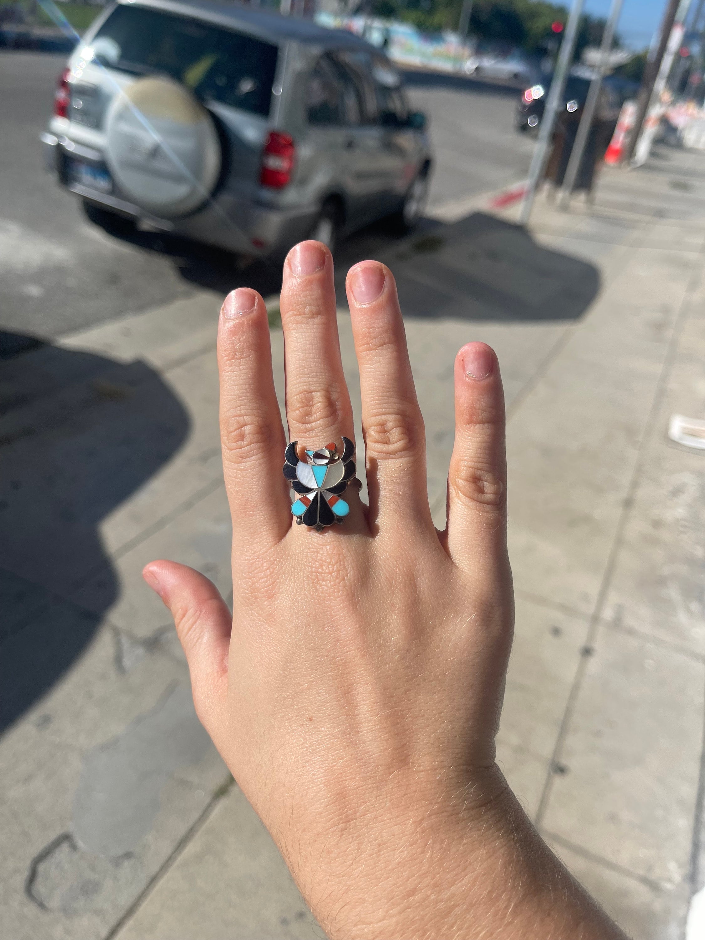 1970s Zuni Tribe Sterling Silver Thunderbird Ring With Inlaid Semi ...
