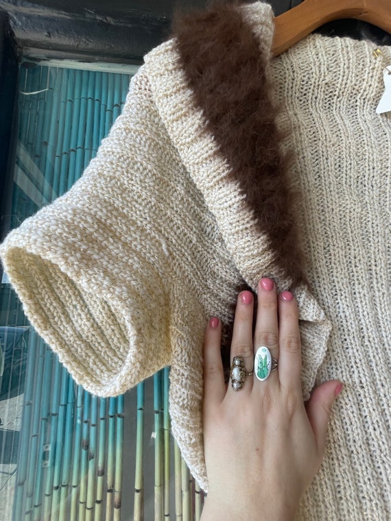1950s cream knit bolero with angora trim and metallic… - Gem