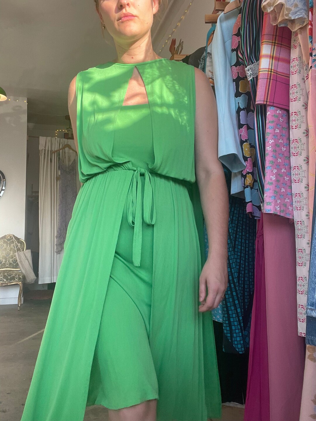 1970s Kelly Green Silk Jersey Disco Dress With Tie Waist and Back Cape ...