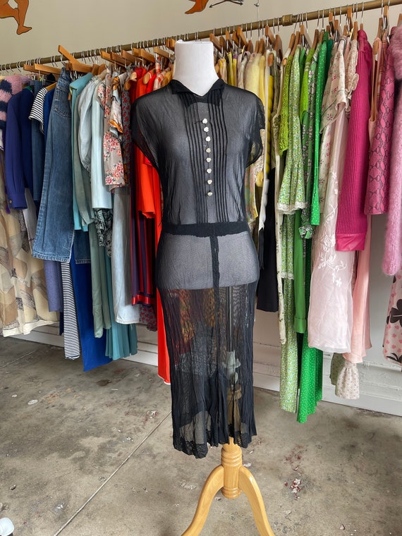 1930s rare black netted dress, sheer and body-hugging… - Gem
