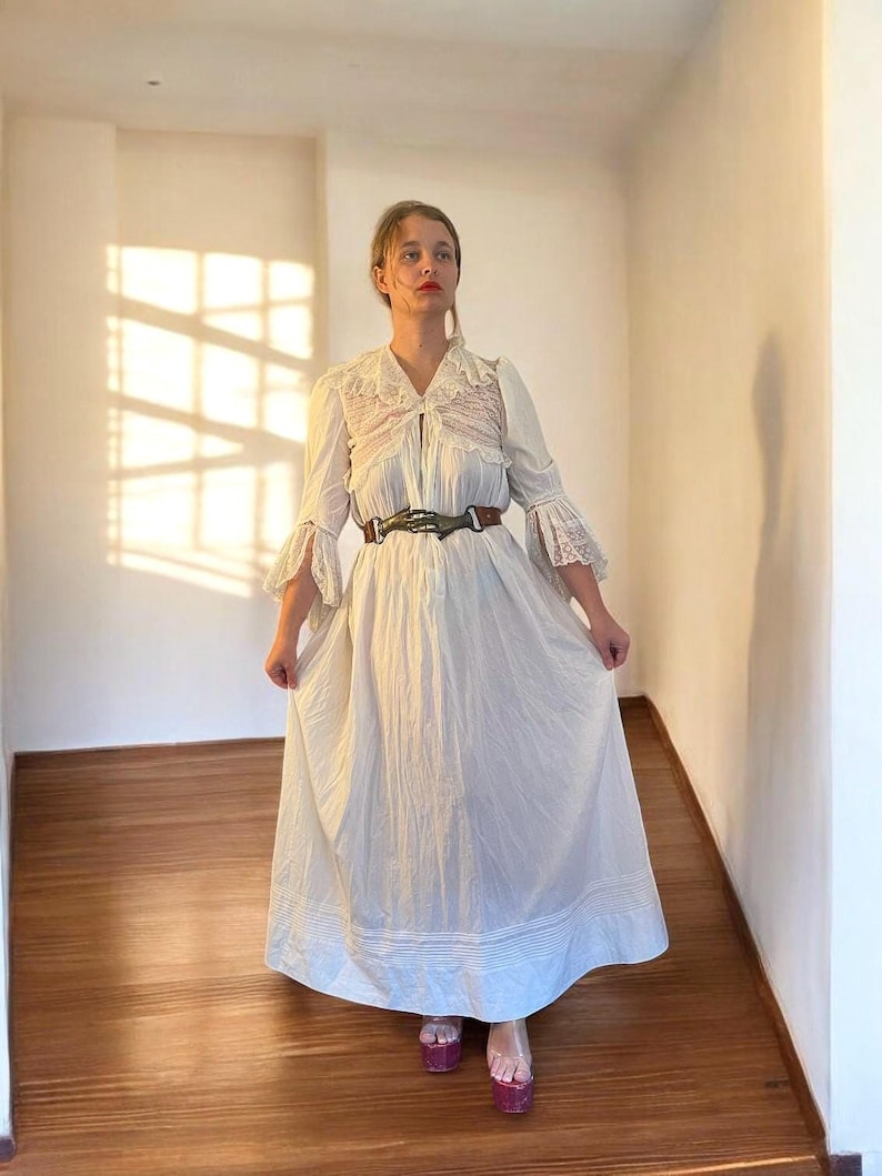 1890s Victorian Cotton Trousseau Lace Gown, Ruffled Sleeves, Antique ...