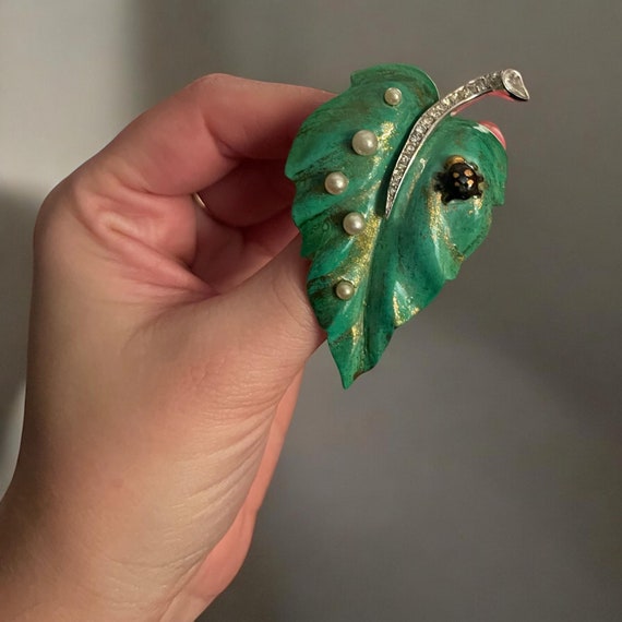 1960s Enamel Leaf Pin, Ladybug, Pearl & Crystal Accen… - Gem