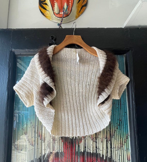 1950s cream knit bolero with angora trim and metallic… - Gem