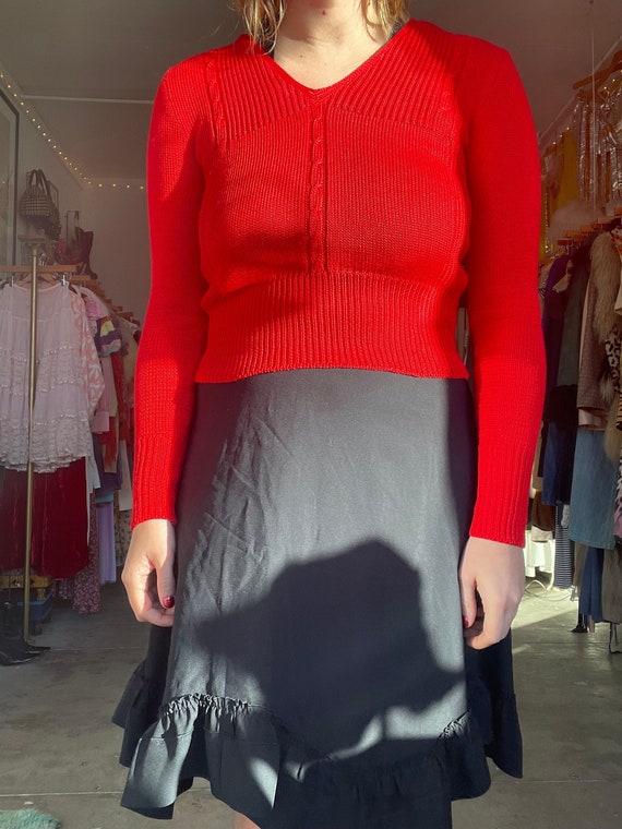 1970s bright red hand knit sweater top, long sleeves … - Gem
