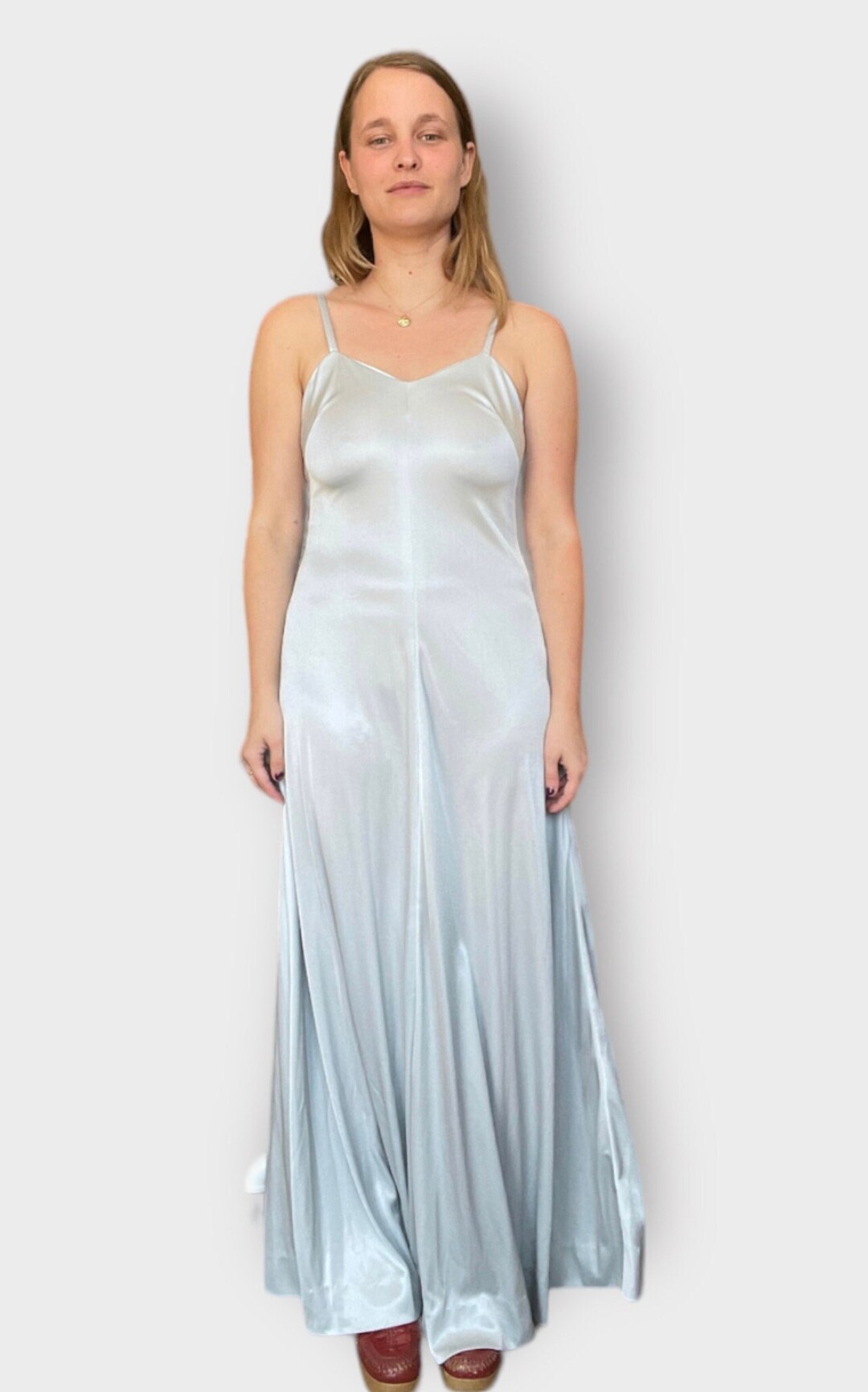 1970s Ice Blue Grey Jersey Disco Dress, Strappy Slinky and Ankle Length ...