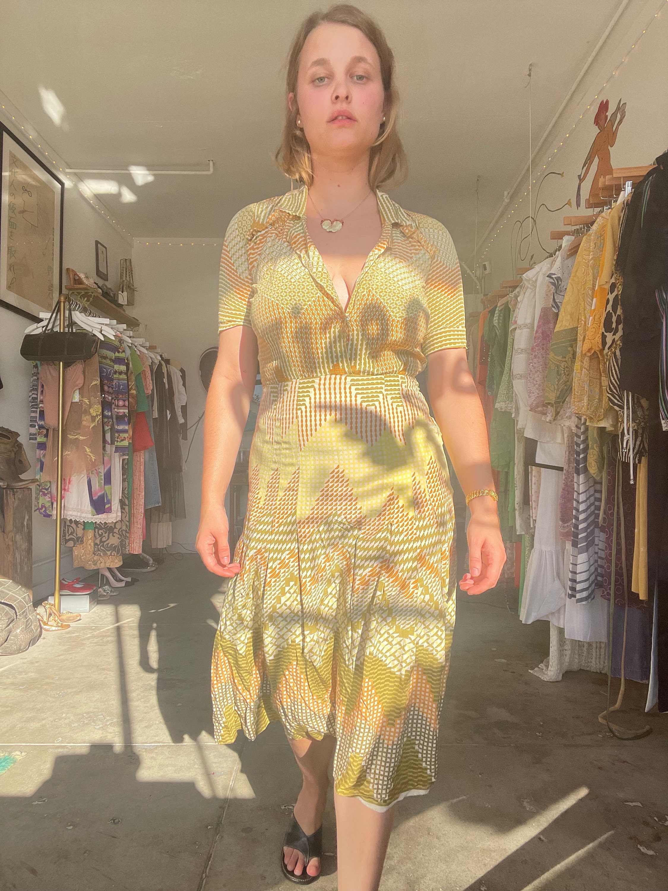 1950s Handmade Dress Made of Silk Scarves in Chartreuse, Yellow, Greens ...