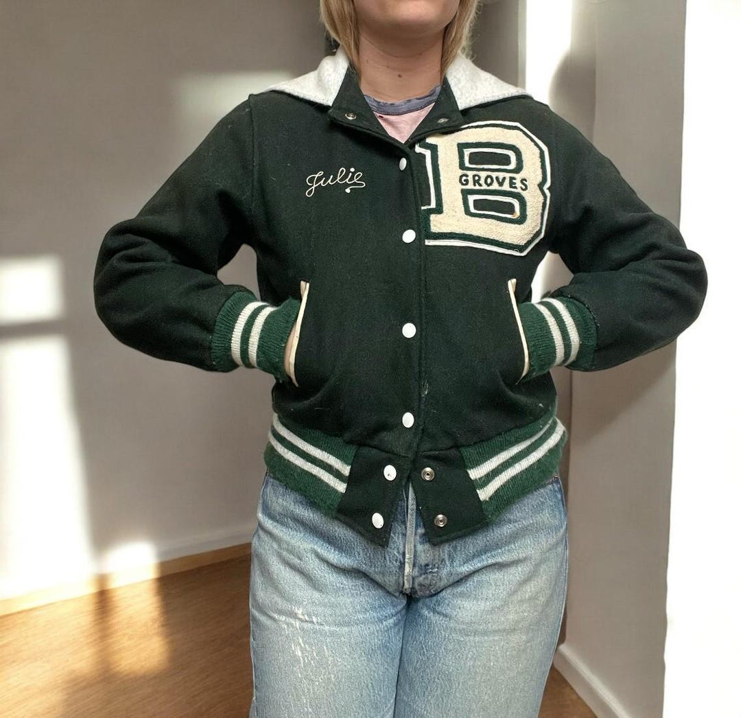 1960s Cheerleader Varsity Letterman Jacket in Cream & Green Wool, As-is ...