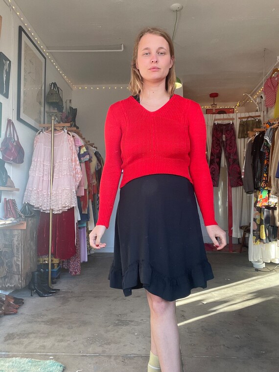1970s bright red hand knit sweater top, long sleeves … - Gem