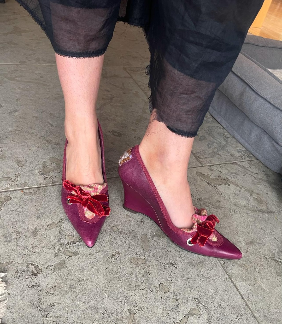 1990s Rare Avant-garde Wedge Heels, Burgundy Leather With Silk Velvet ...
