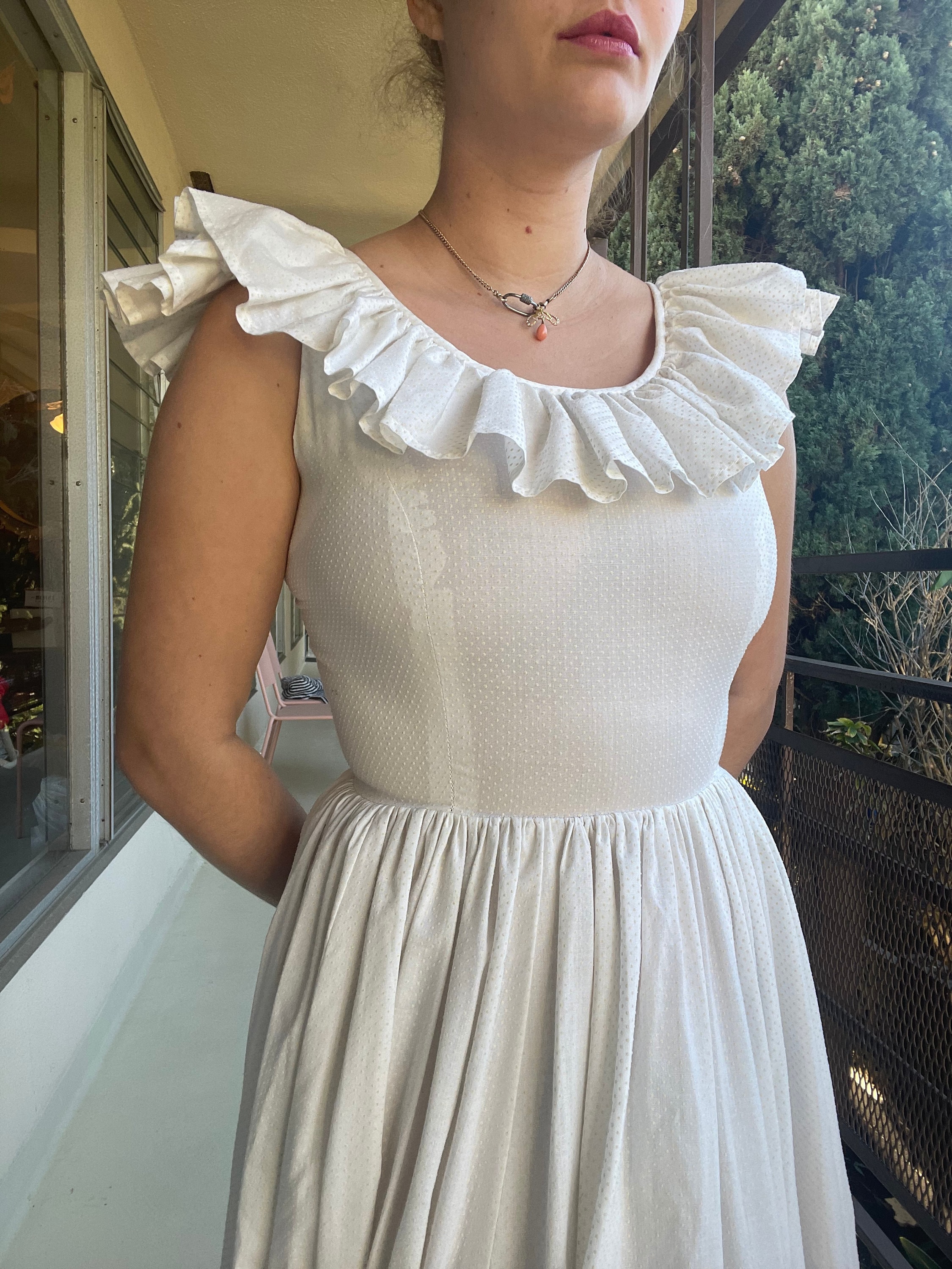 1960s White Cotton Ruffled Princess Dress, Huge Full Skirt, Swiss Dot ...