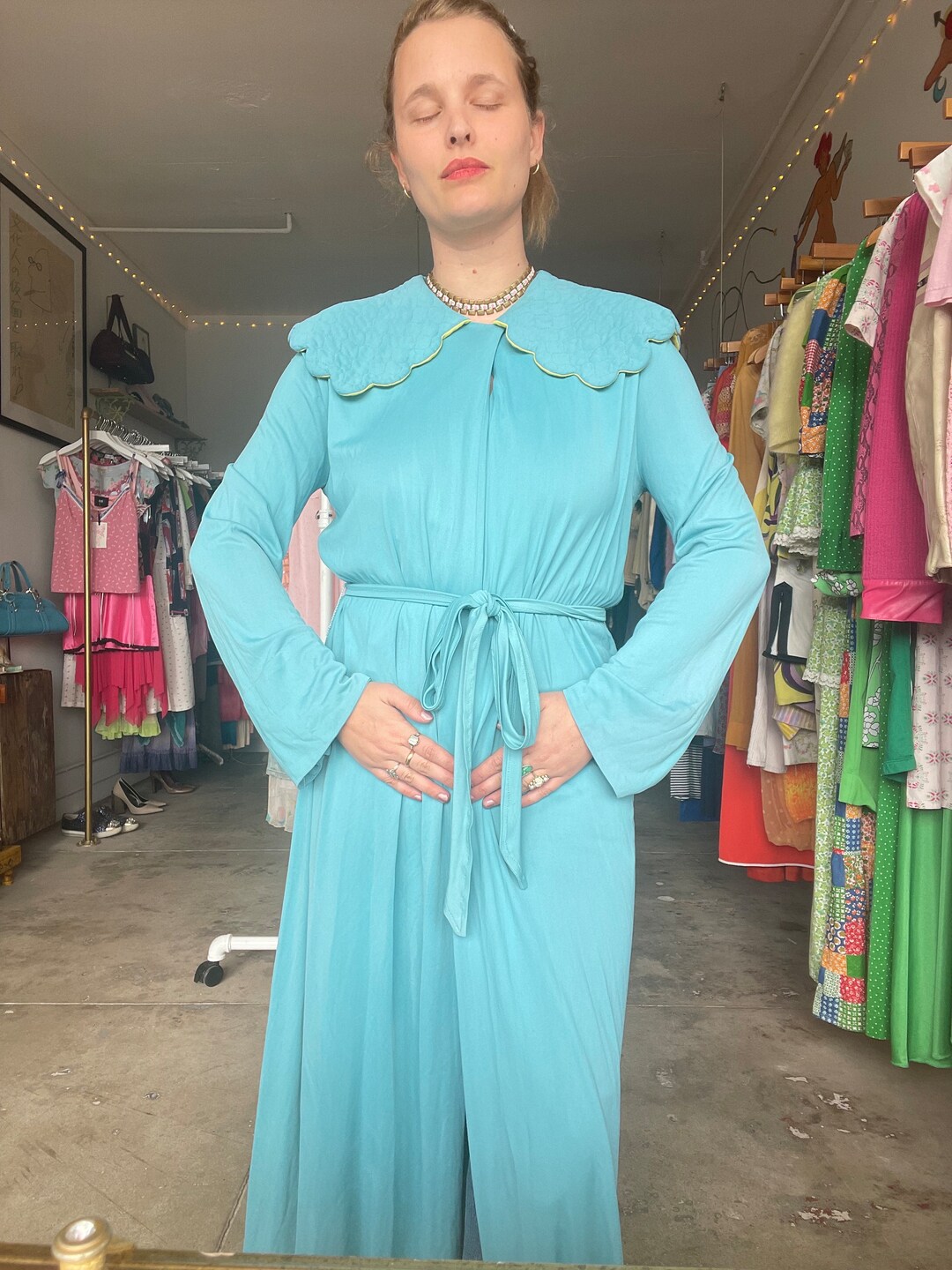 1930s Jersey Knit House Robe, Robin’s Egg Blue With Chartreuse Contrast ...