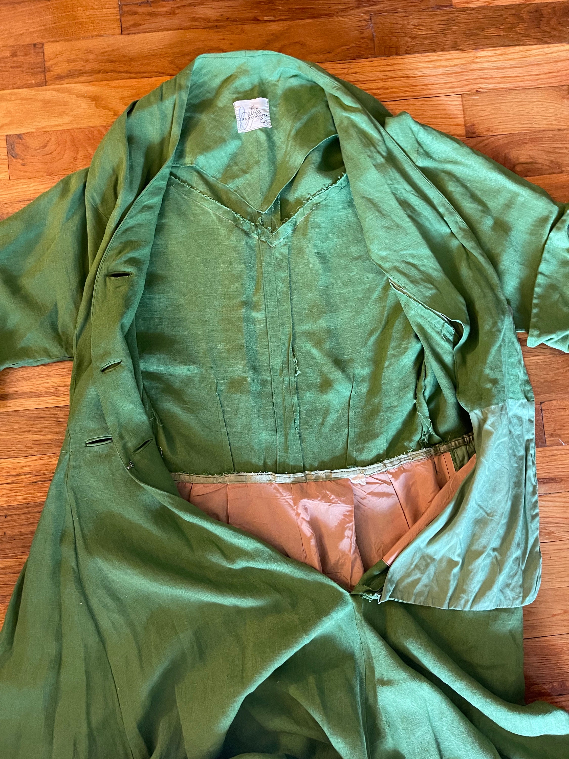 1940s Kelly Green Linen Day Dress With Button Front, Full Circle Skirt ...