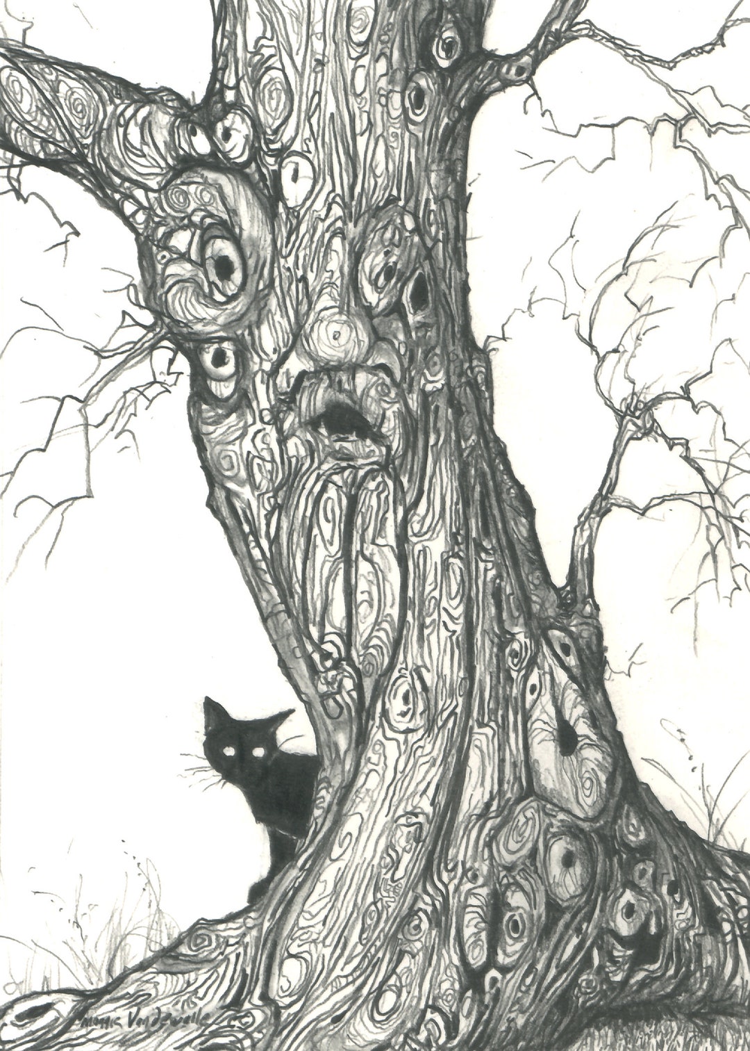 Original Graphite Drawing, Black Cat and Tree - Etsy