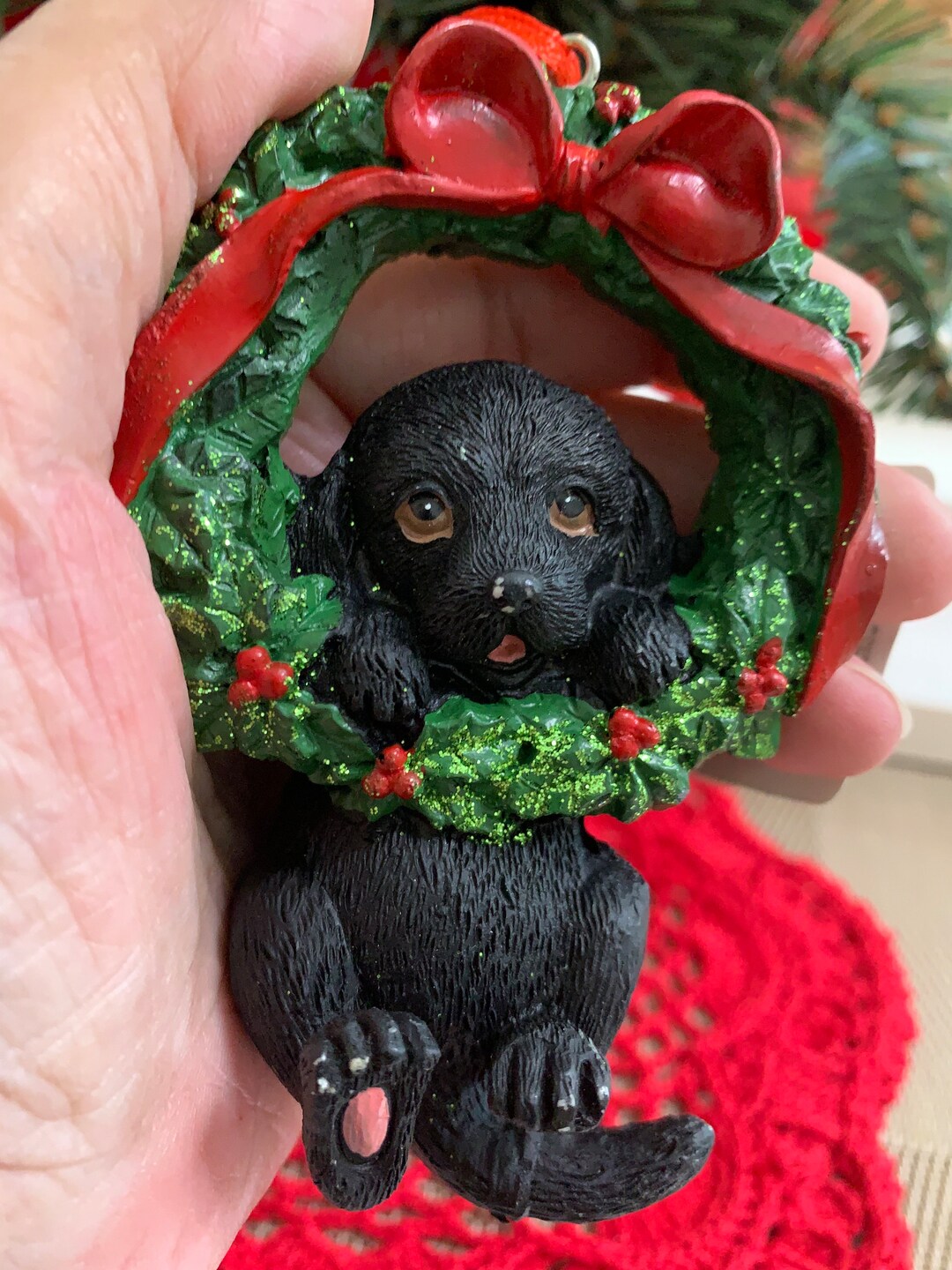 Resin Black Labrador Retriever Puppy Hanging in a Christmas Wreath ...