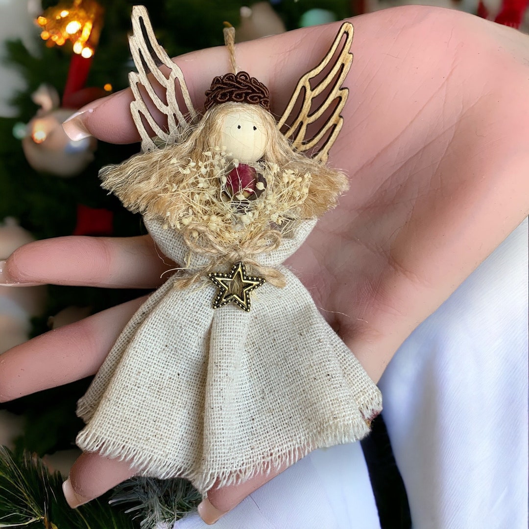 4 Country Angel Ornament With Wooden Wings and a Real Rosebud - Etsy