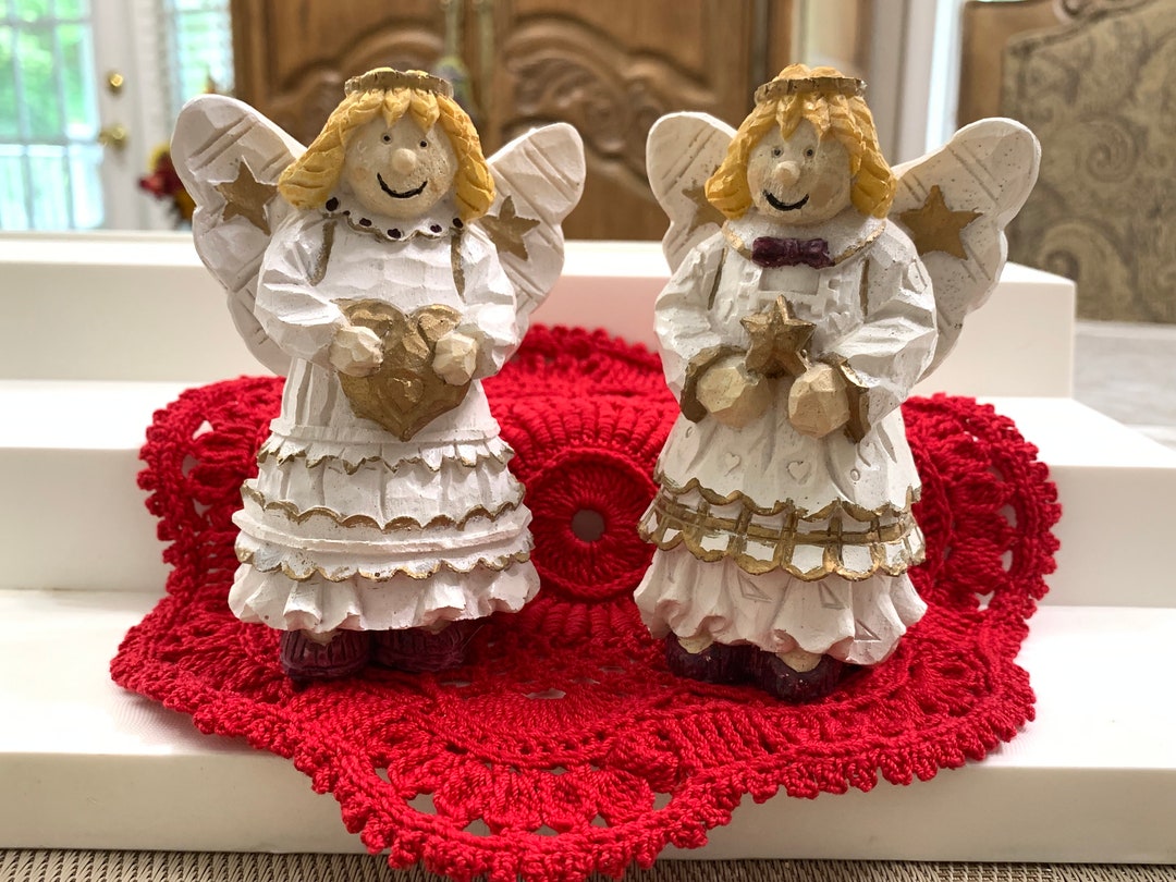 Vintage Country Angel Figurines: Carved Look Resin Set of Two - Etsy