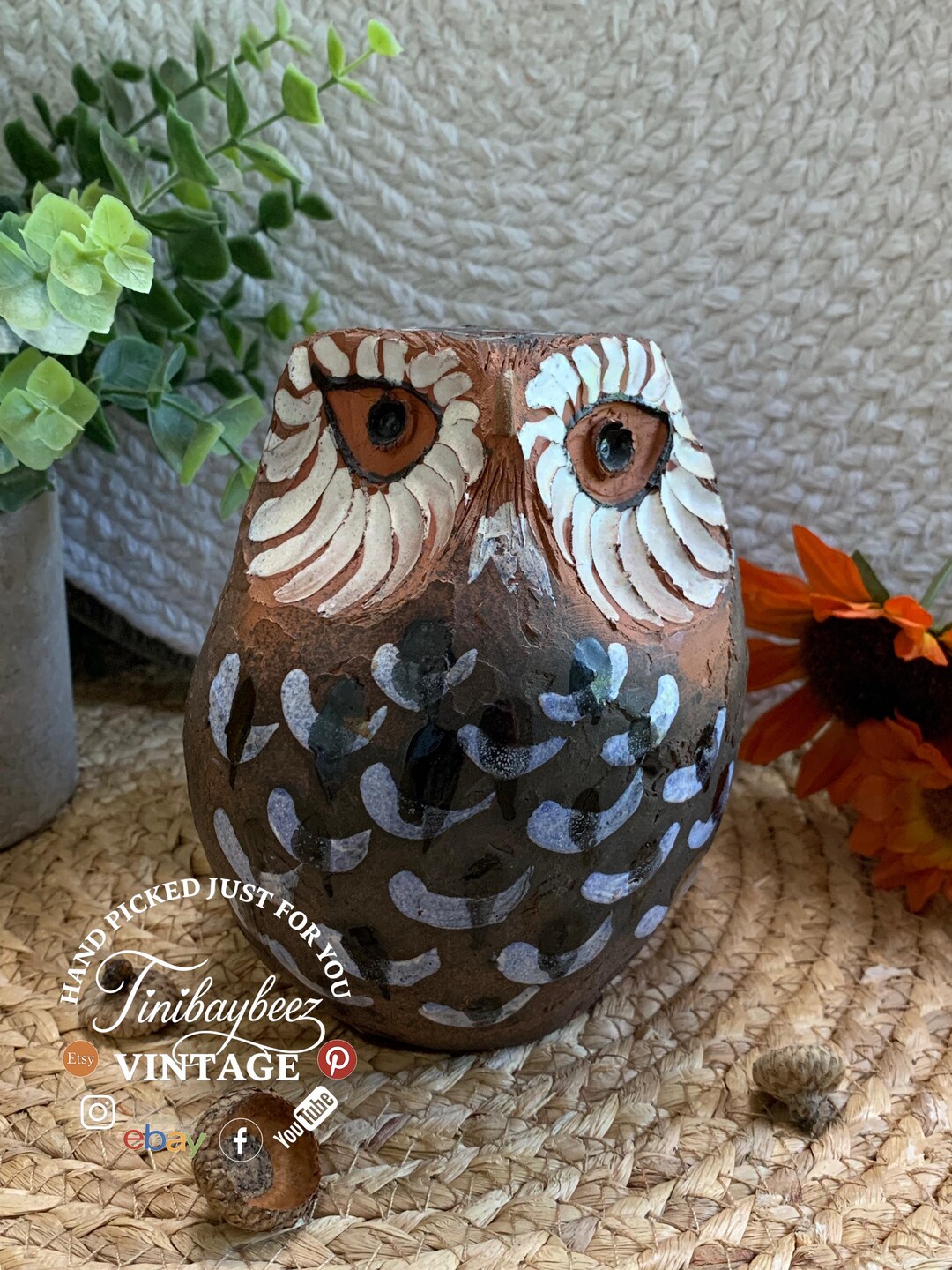 Hand-painted Terra Cotta Owl – Folk Art Sculpture – Rustic Owl Figurine ...