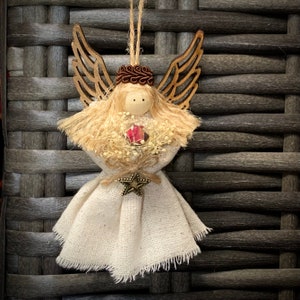 4 Country Angel Ornament With Wooden Wings and a Real Rosebud - Etsy