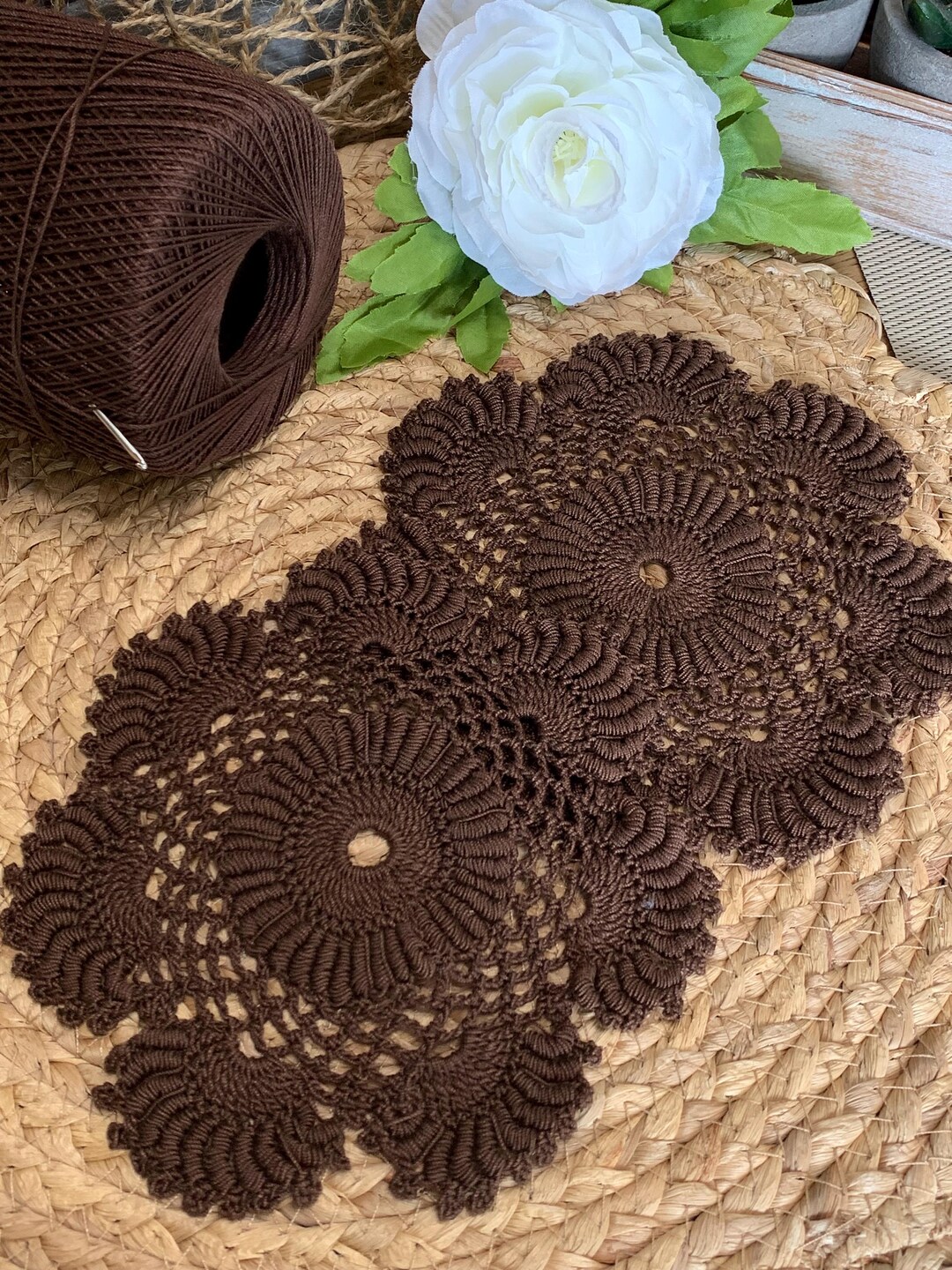 Set of 2 Chocolate Brown Crochet Doilies | 6.5” Round Dimensional Lace ...