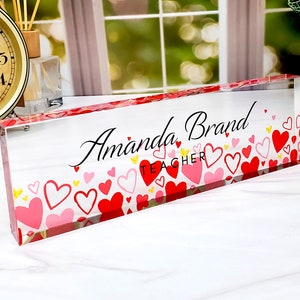 Personalized Valentines Day Desk Name Plate, Acrylic With Hearts ...