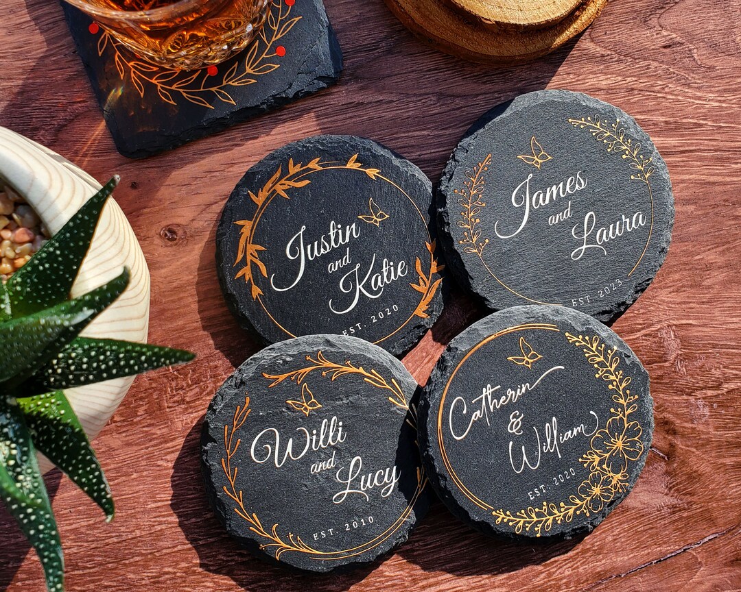 Coasters, Coaster Set, Personalized Slate Coasters Set, Custom Name ...
