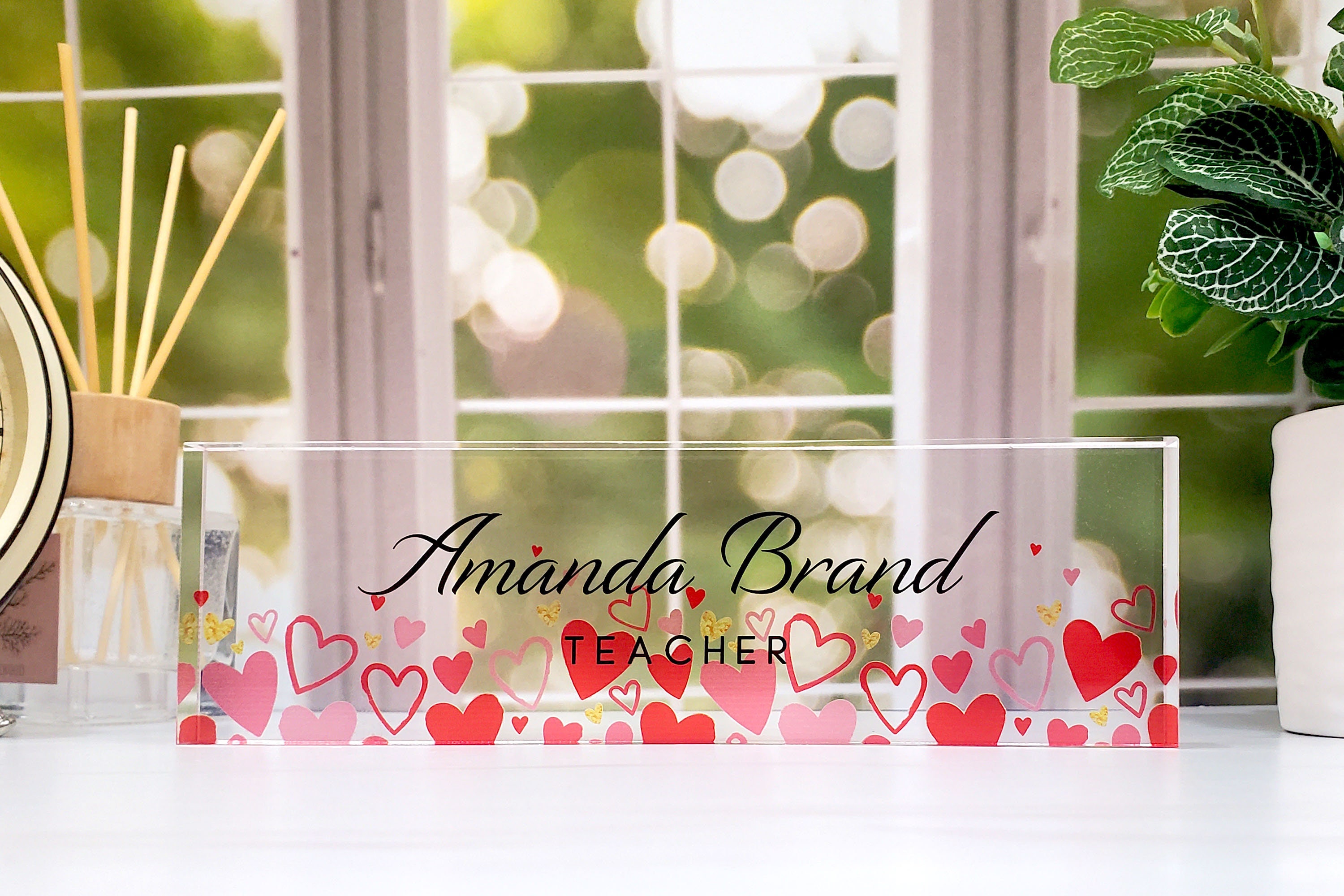 Personalized Valentines Day Desk Name Plate, Acrylic With Hearts ...