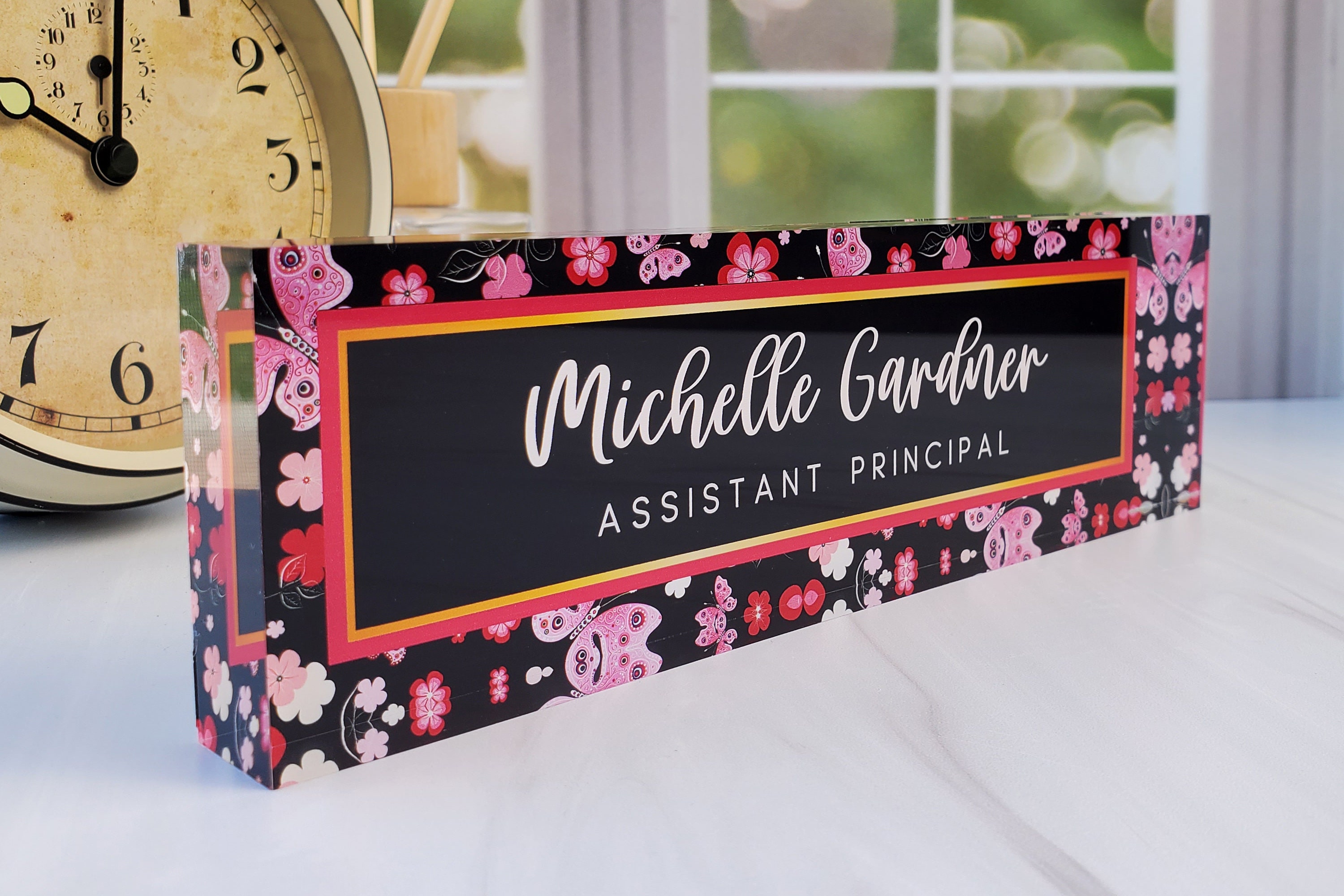 Pink Flower Office Desk Name Plate, Personalized Name Plates for Desks ...