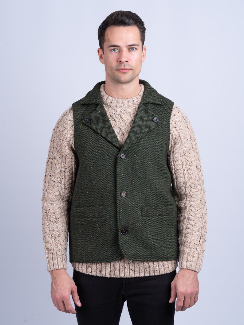 Man of Aran Irish Tweed Waistcoat | Green Herringbone Tweed Vest ...