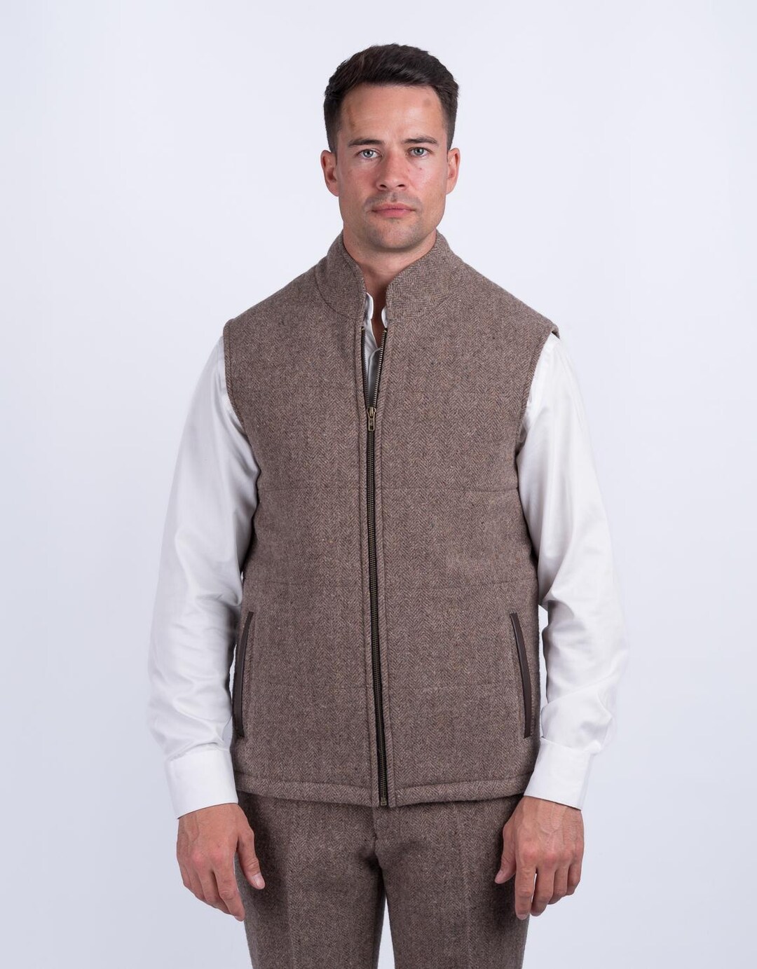 Men's Fawn Tweed Body Warmer Gilet With Leather Trim | Herringbone Wool ...