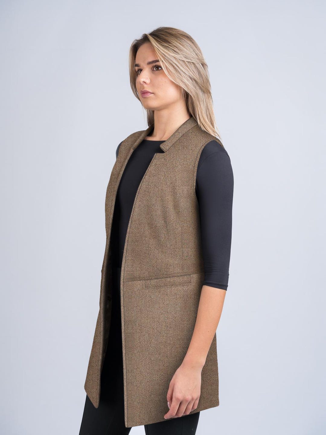 Celtic Tweed | Long Fawn Herringbone Gilet With Pockets | Women's Tweed ...
