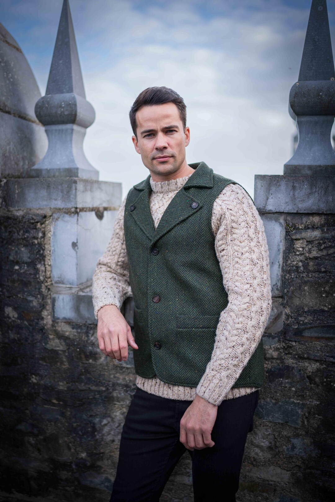 Man of Aran Irish Tweed Waistcoat | Green Herringbone Tweed Vest ...