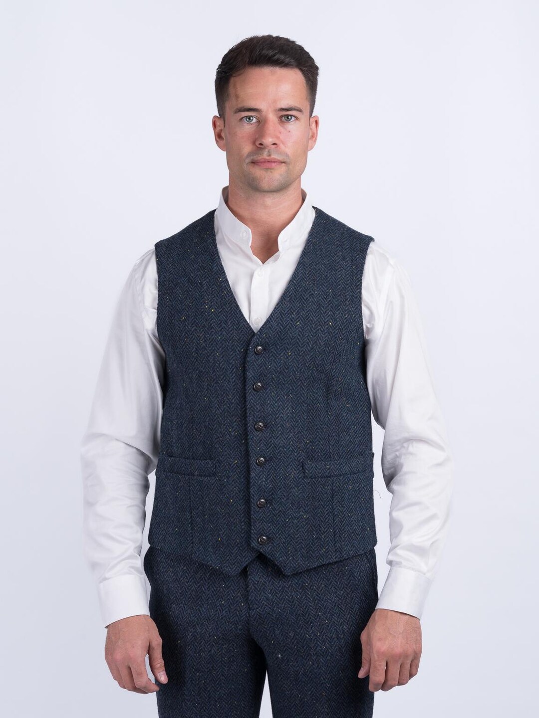 Celtic Tweed | W.B Yeats Blue Herringbone Tweed Vest | Men's Blue Tweed ...