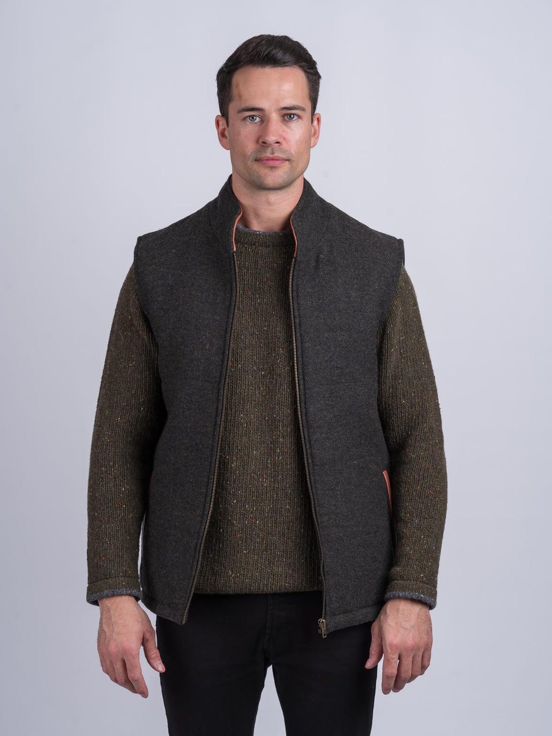 Celtic Tweed | Light Green Tweed Bodywarmer Leather Trims | Men's Tweed ...