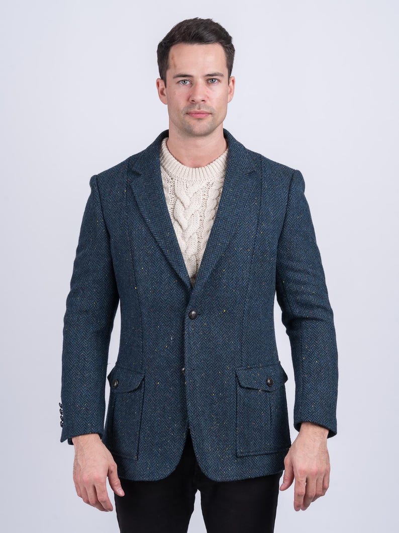 Celtic Tweed | Kavanagh Blue Herringbone Tweed Jacket | Blue Tweed ...