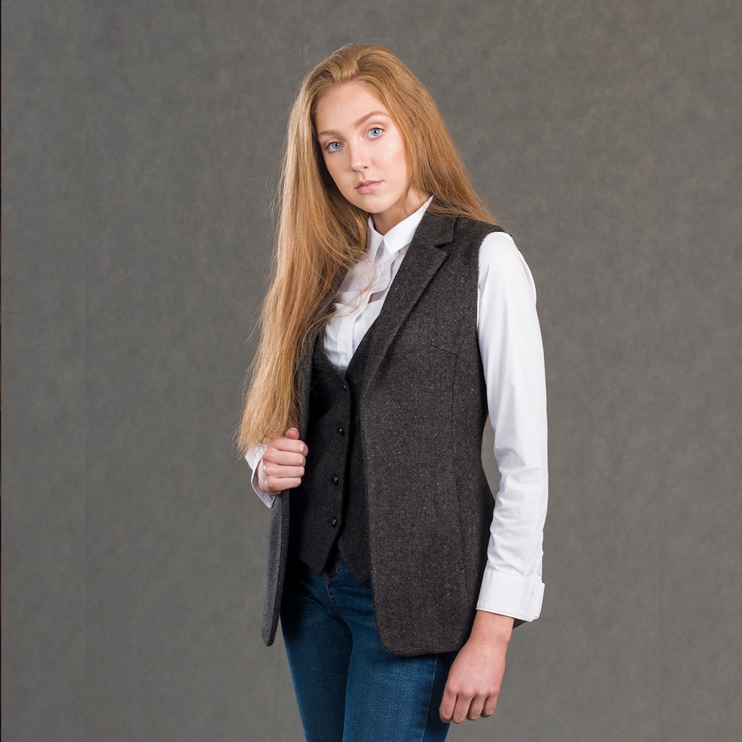 Ladies Brown Hopsack Tweed Gilet Ladies Brown Tweed Long Vest Gifts for ...