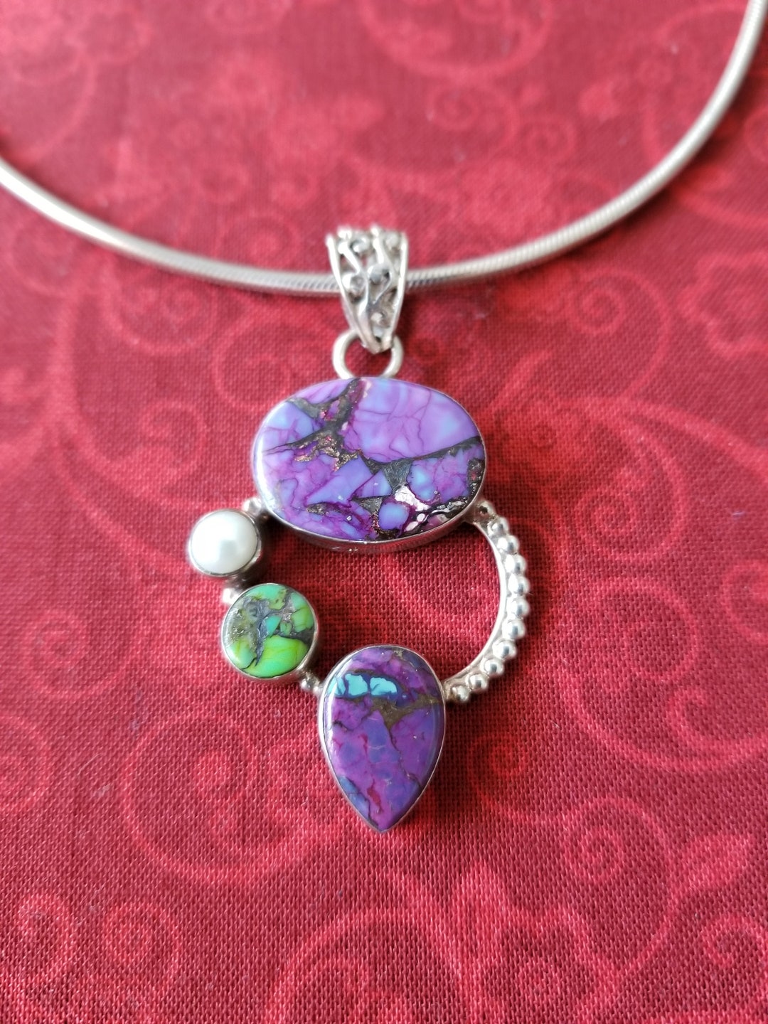 CP493 Purple Green Turquoise and Pearl in Sterling Silver Pendant With ...