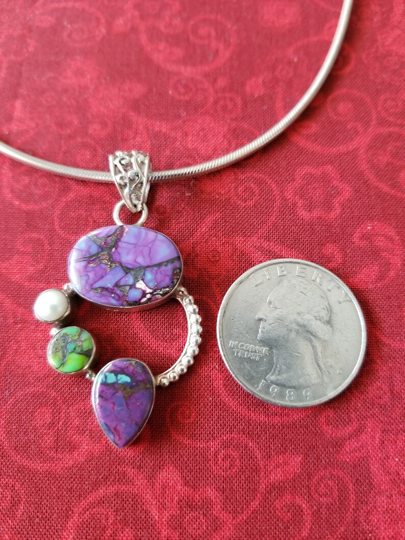 CP493 Purple Green Turquoise and Pearl in Sterling Silver Pendant With ...
