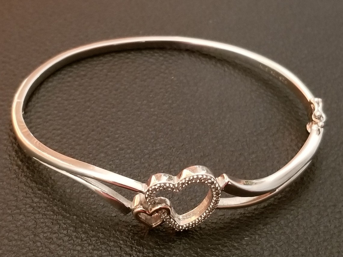 BA038 Diamonds on Double Heart Sterling Silver Bracelet - Etsy