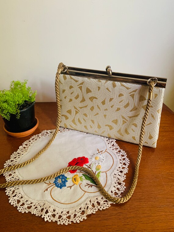 1960s Vintage Gold & White Brocade Handbag / Gold Met… - Gem