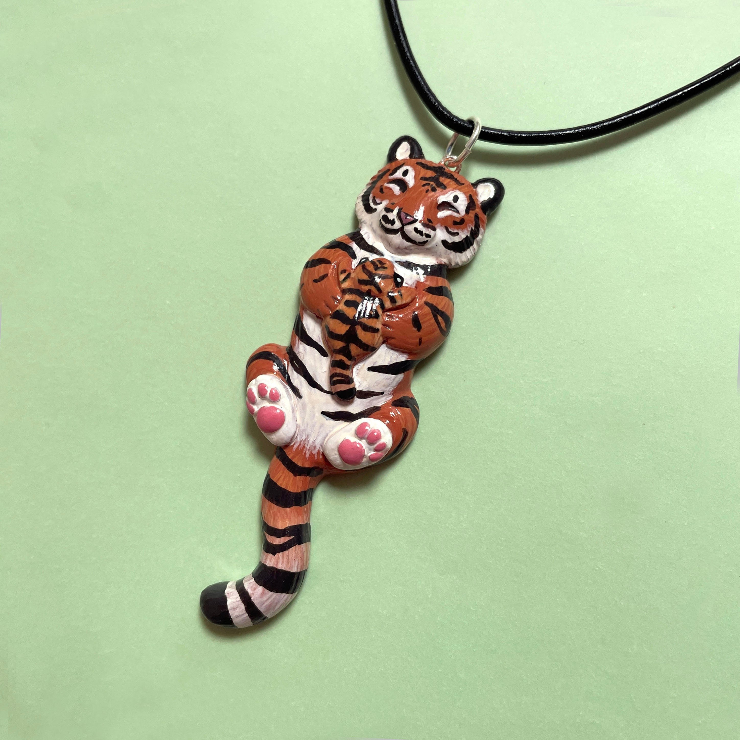 Cute Tiger Necklace, Mother and Baby Art, Hugging Necklace, Polymer ...