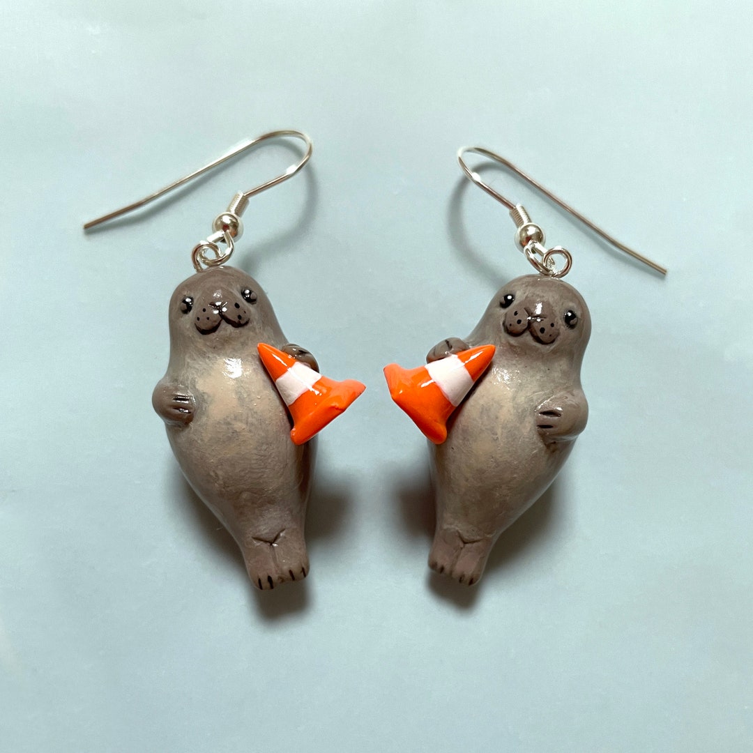 Neil the Seal Earrings With Tiny Traffic Cones! Funny Earrings Handmade ...