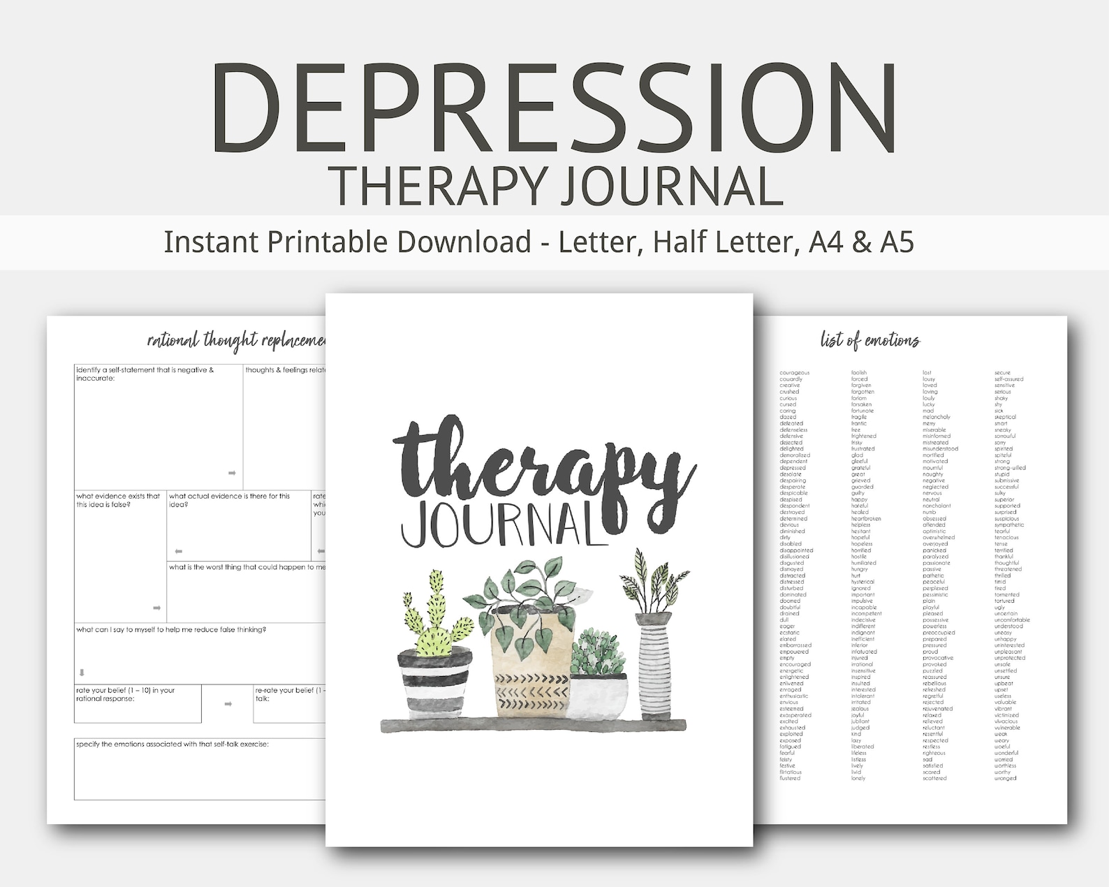 Depression Therapy Journal: Instant Printable Download, Anxiety, Mental ...