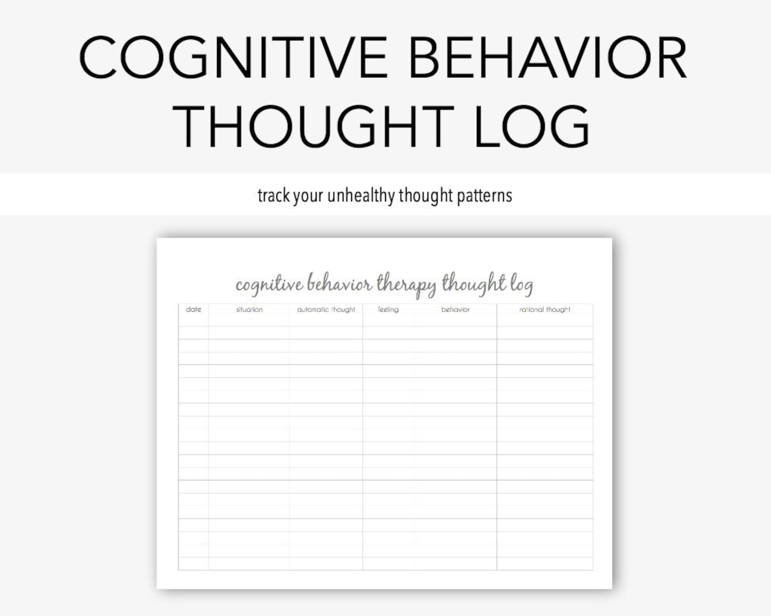 Cognitive Behavior Therapy Thought Log: Mental Health Journal ...